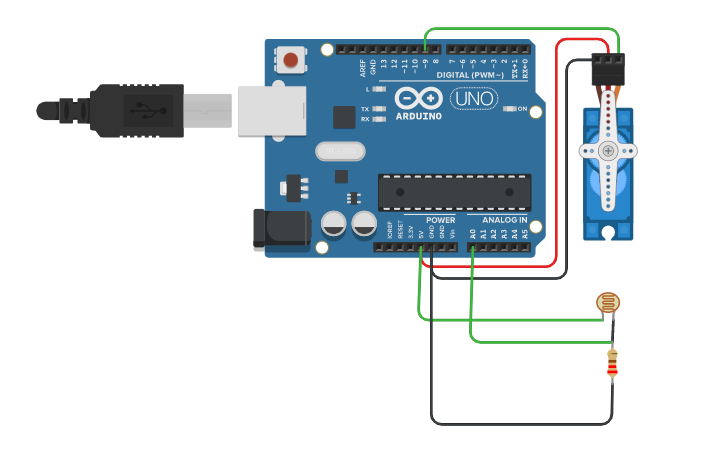Circuit design servo + photoresistor - Tinkercad