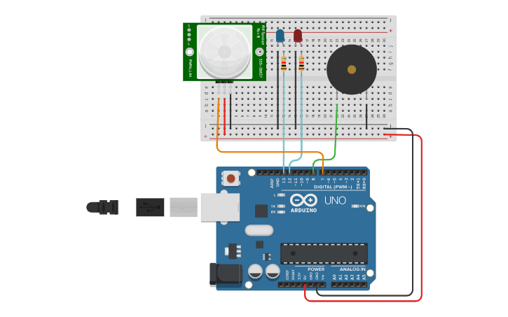 Circuit design Sistem pengaman(Alarm) berbasis PIR sensor | Tinkercad