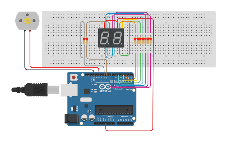 Circuit design 7 segment display serial input number + STEP MOTOR - Tinkercad