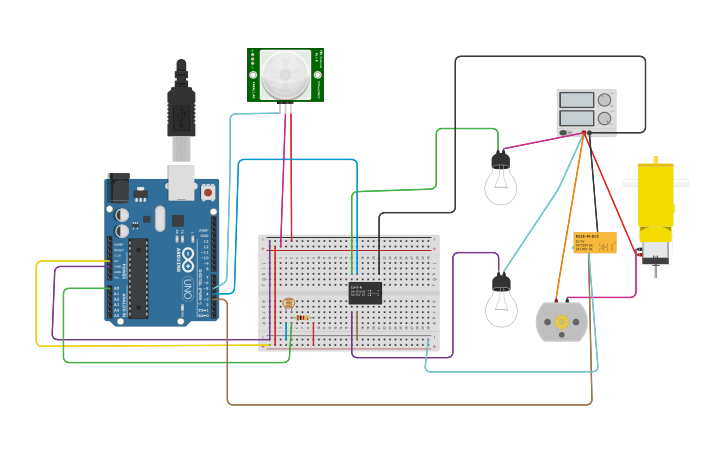 Circuit design LAB 13-4 PIR+RelaySPDT+DPDT - Tinkercad
