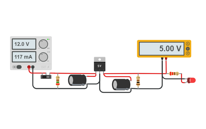 Circuit design LM7805 - 12v a 5v - Tinkercad