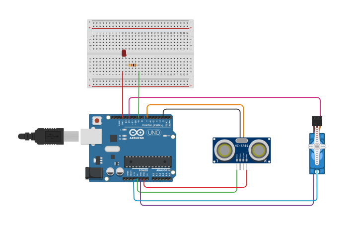 Circuit design Latihan 1 - Sensor Ultrasonik dengan Arduino - Tinkercad