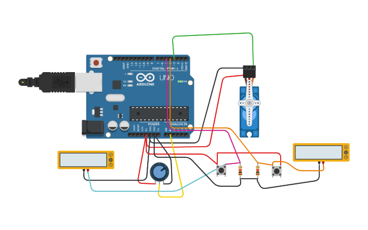 Circuit design servoMotor con pulsadores | Tinkercad