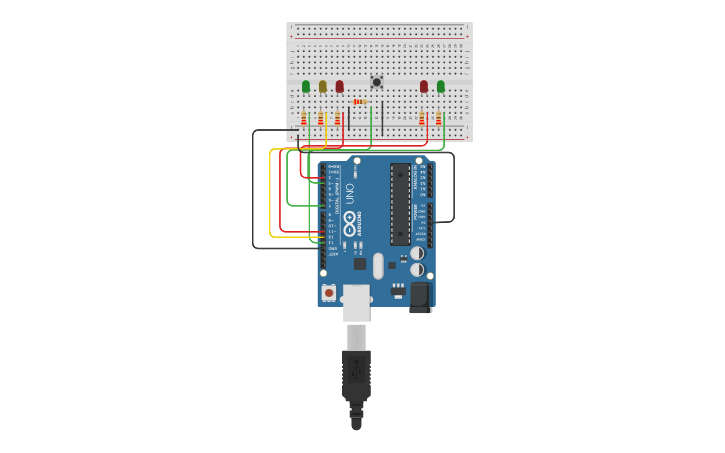 Circuit design Semáforo de pedestres com botão | Tinkercad