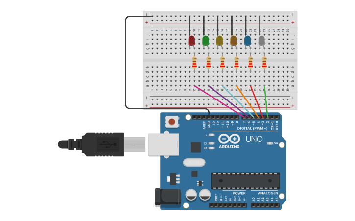 Circuit design ARDUINO (6 led) - Tinkercad