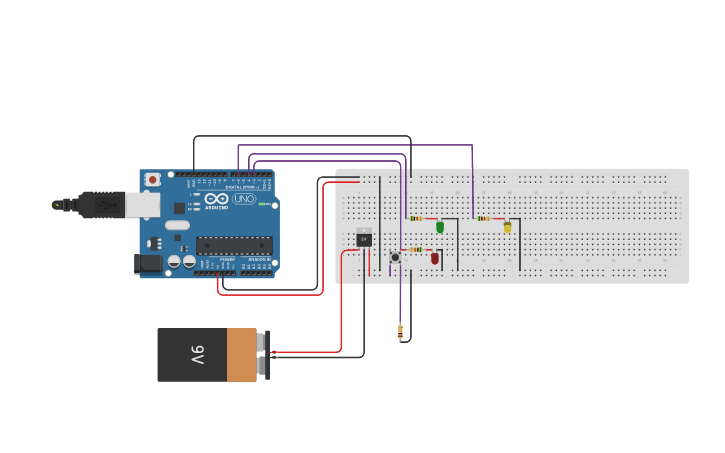 Circuit design Toogle two outputs with one button, with off-delay. - Tinkercad