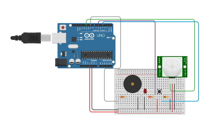 Circuit design alarma sensor PIR | Tinkercad