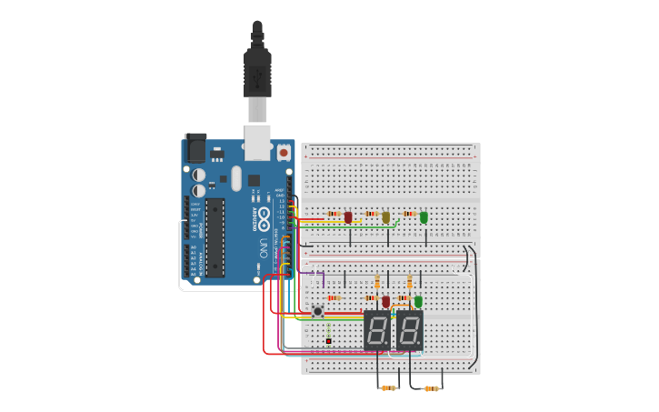 Circuit design Semaforo vehicular y peatonal con contador - Tinkercad