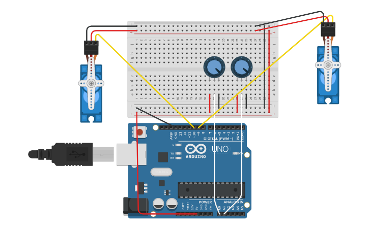 Circuit Design Copy Of 2 Servo And 2 Potentiometer Tinkercad