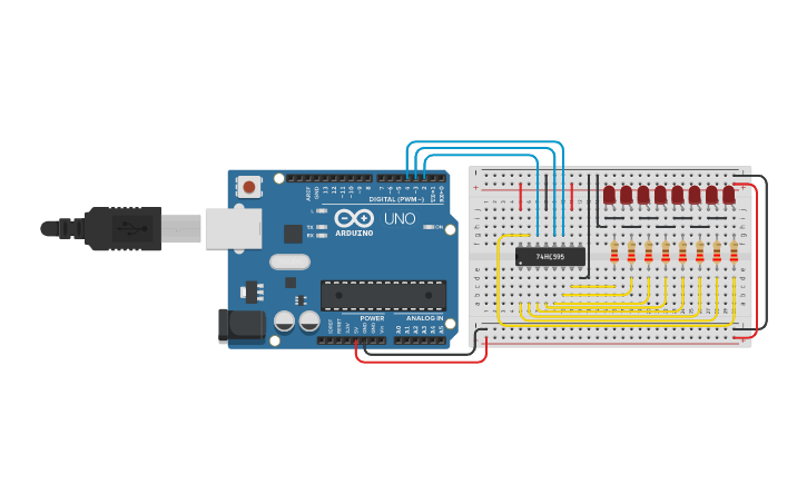 Circuit design 74hc 595 IC - Tinkercad