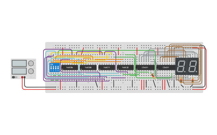 Circuit design 4 Bit binary to bcd to 8 seg - Tinkercad