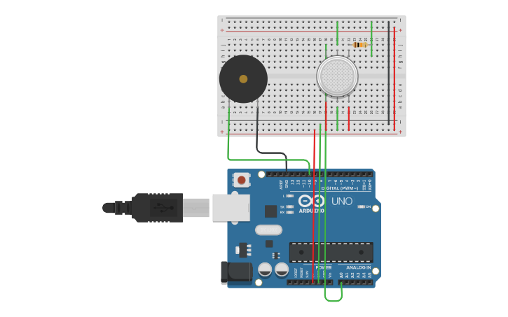 Circuit design Automatic GAS alarm using gas sensor - Tinkercad