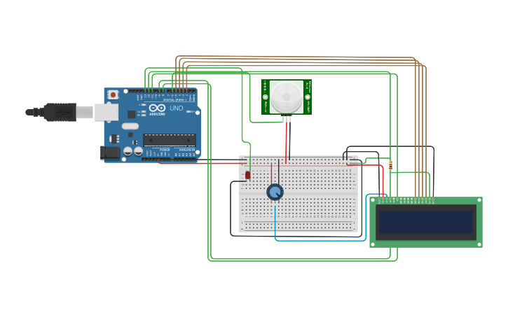 Circuit design PIR Sensor with LCD | Tinkercad