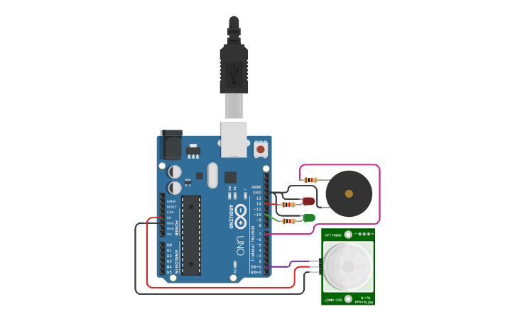 Circuit design Sensor + LED + Sound - Tinkercad