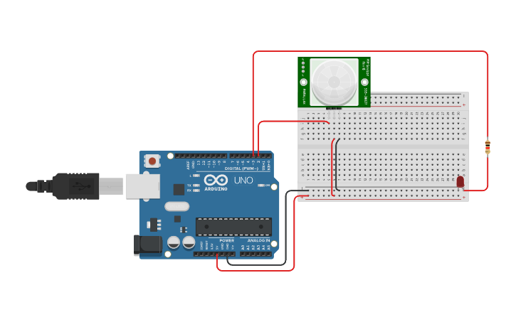 Circuit design PIR sensor with led - Tinkercad