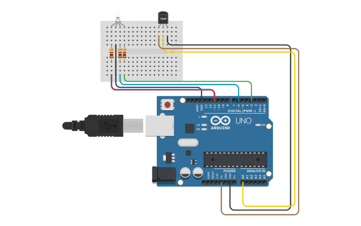 Circuit design Temperature based RGB LED - Tinkercad