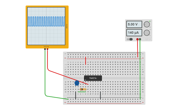 Circuit design oscilador 74HC14 - Tinkercad