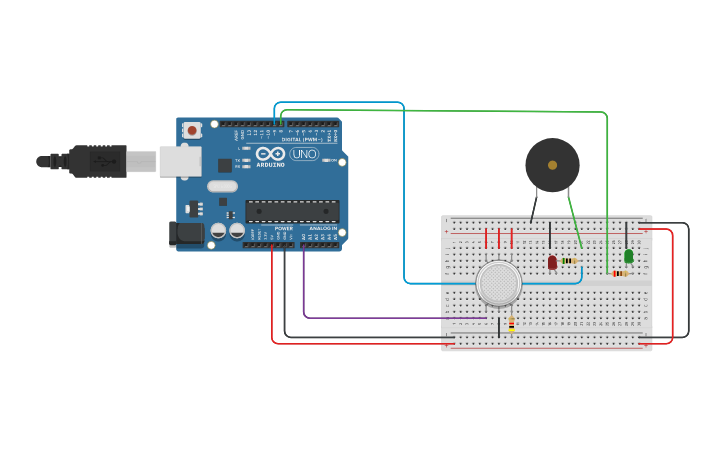 Circuit design Gas sensor with LED and buzzer - Tinkercad