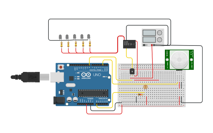 Circuit Design Pir Ldr Npn Relay Y Arduino Tinkercad