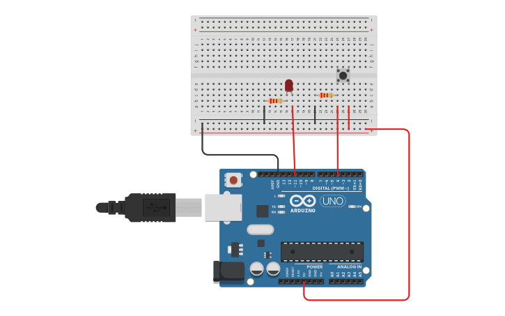 Circuit design Push Button and LED - Tinkercad