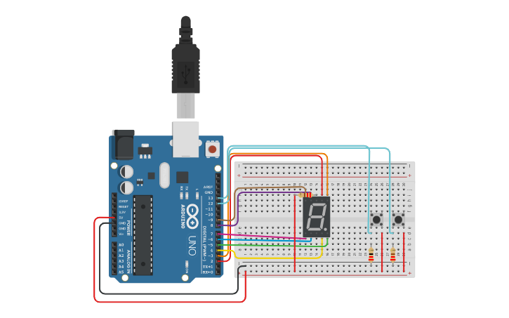 Circuit design 3.2 - 7 Segment (0-9, 2 Buttons) - Tinkercad