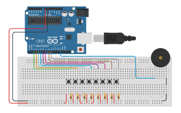 Circuit design Arduino Piano Act 2 | Tinkercad