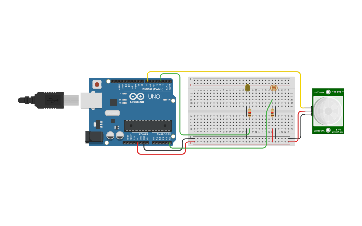 Circuit design Lampu jalan dengan LDR & Sensor - Tinkercad Circuit design Lampu jalan dengan LDR & Sensor - Tinkercad