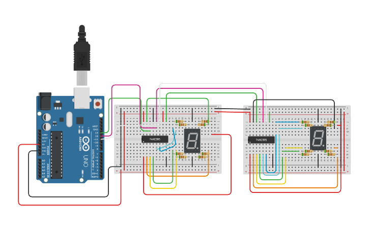 Circuit design วงจร 7-segment เลื่อนอักขระ IC 74HC595 - Tinkercad