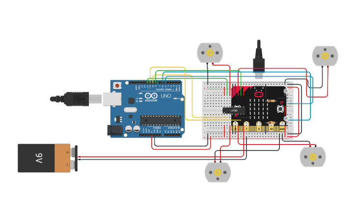 Circuit design carro con 4 motores | Tinkercad