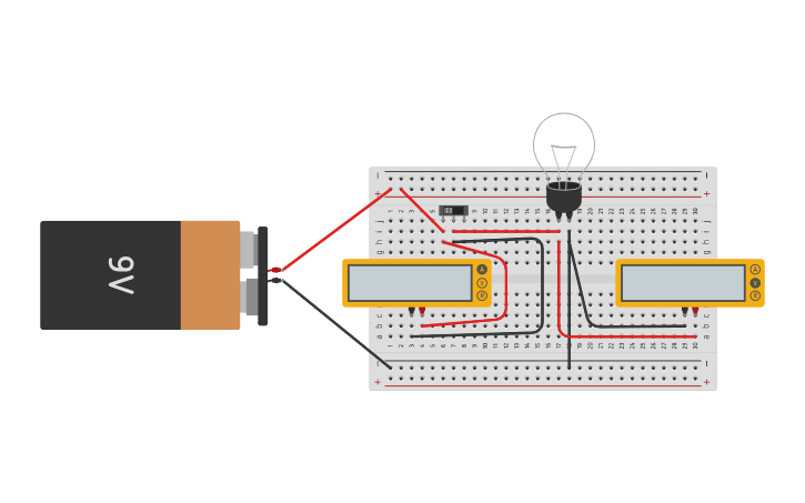 Circuit design LAMPARA AMPERIMETRO VOLTIMETRO - Tinkercad
