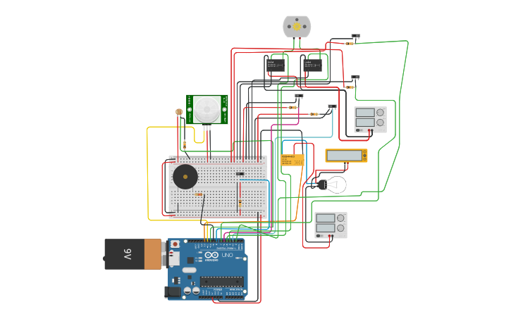 Circuit design Sensor de chuva, .. Sensor de DIR, PIR e de porta - Tinkercad
