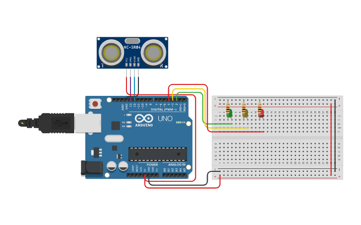 Circuit design Sensor ultrasonido con leds | Tinkercad