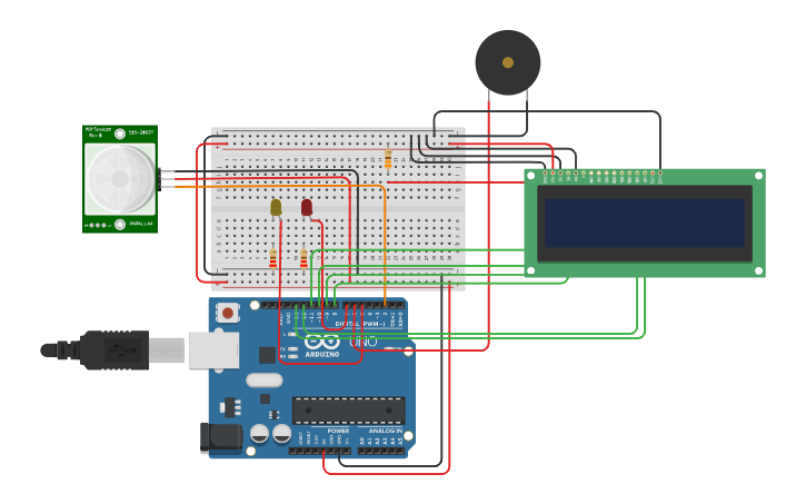 Circuit design Alarma con sensor PIR | Tinkercad