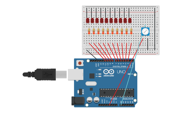 Circuit Design Arduino 10 Led Larson Scanner Tinkercad