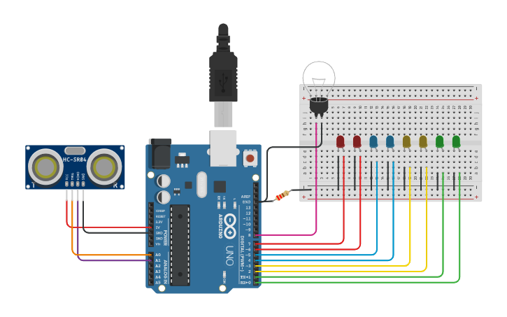 Circuit design SENSOR JARAK AMAN DENGAN ULTRASONIK - Tinkercad