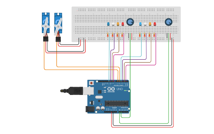 Circuit Design 2 Servi 2 Potenziometri E 8 Led Tinkercad