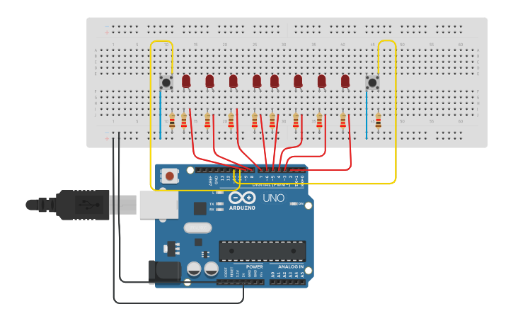 Circuit design Sebastian Suarez Secuencia de leds con Botones - Tinkercad