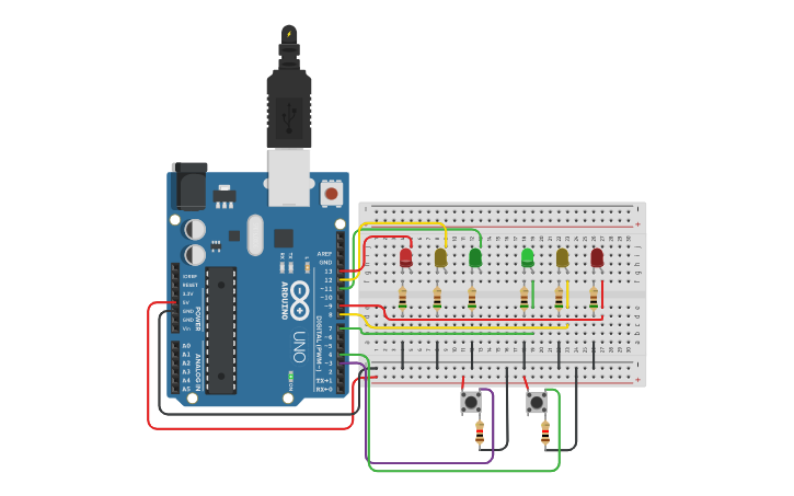 Circuit design Arduino-dos semaforos-practica | Tinkercad