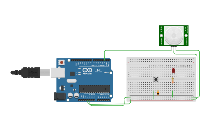 Circuit design Arduino With Pir Sensor/Push Button - Tinkercad