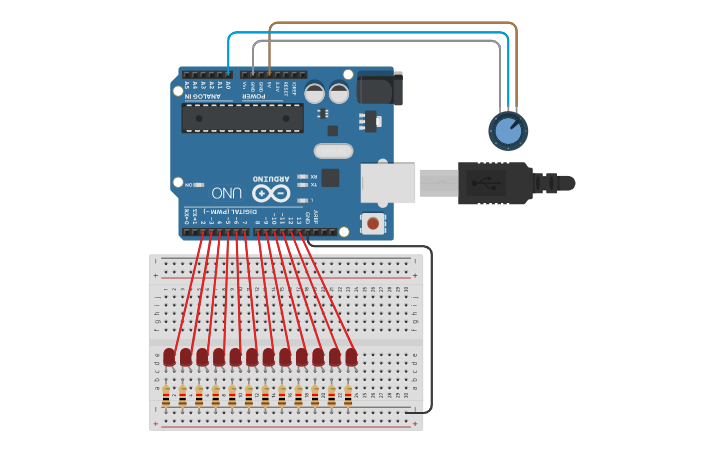Circuit design 🤍Encendido de leds con potenciómetro🤍 | Tinkercad