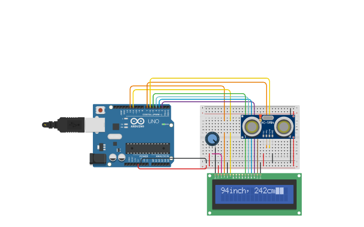 Circuit design Ultrasonic with LCD - Tinkercad