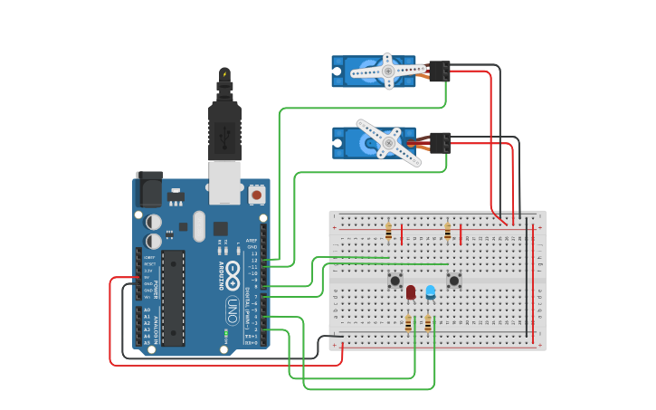 Circuit design Copy of Servomotor con dos pulsadores - Tinkercad