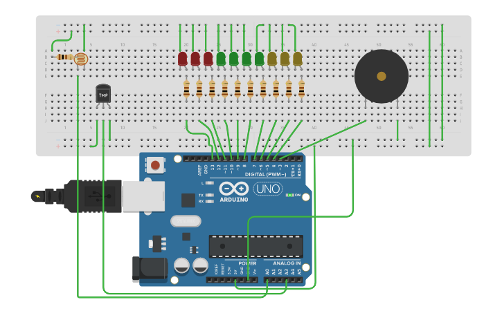 Circuit design Light and Temperature sensors | Tinkercad
