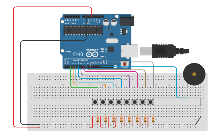 Circuit design Arduino piano with buzzer and push buttons - Tinkercad Circuit design Arduino piano with buzzer and push buttons - Tinkercad