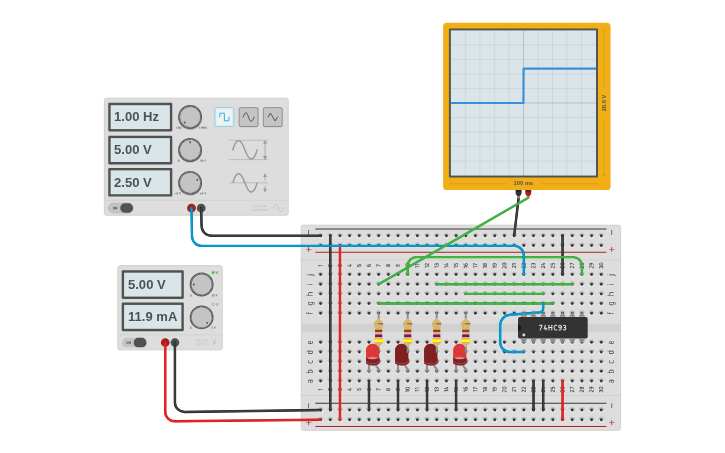 Circuit design Ripple Counter 74HC93 - Tinkercad
