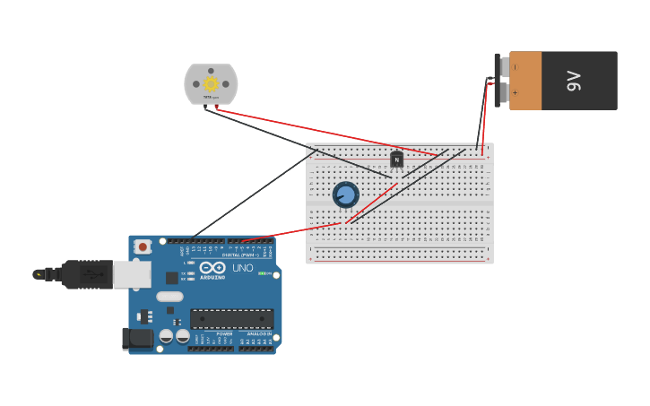 Circuit design Motor driver using a 2N222 transistor - Tinkercad