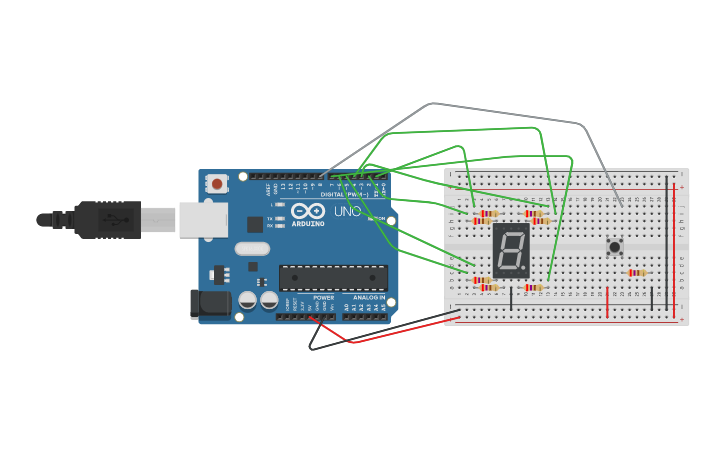 Circuit design PULSANTE e DISPOSITIVO a 7 SEGMENTI - Tinkercad