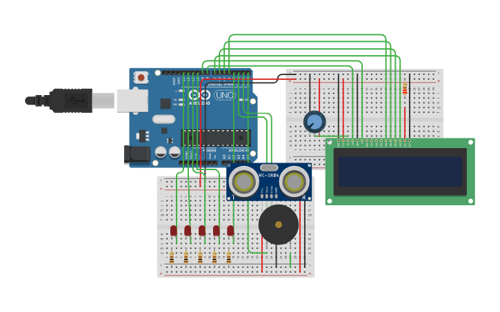 Circuit design sensor de ultrasonido - Tinkercad
