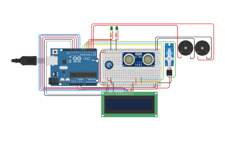 Circuit design Alarma Sensor Ultrasonico (2 leds ) - Tinkercad