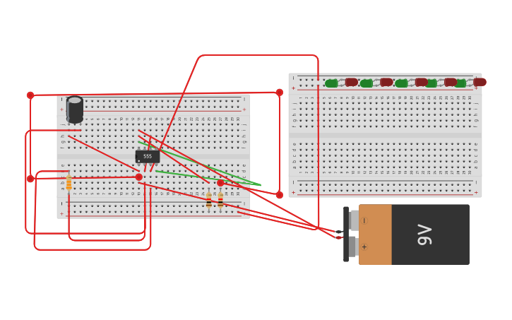 Circuit design dancing led led blinking - Tinkercad